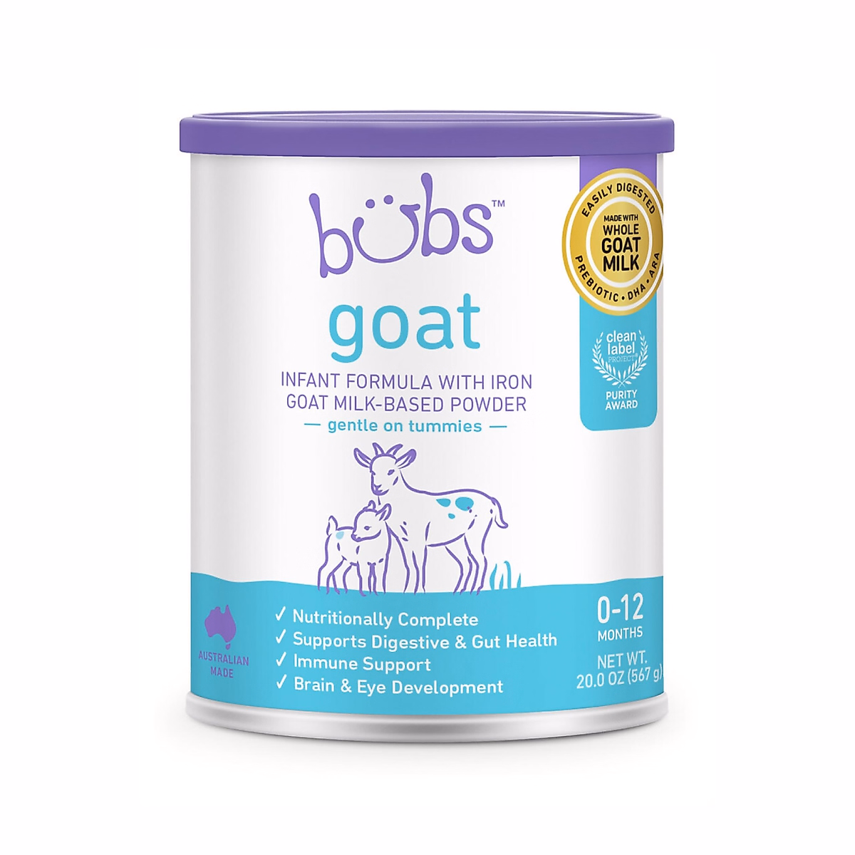 Bubs Whole Goat Milk Formula with Iron, Goat Milk-Based Powder, for Infants 0-12 Months, Made with Non-GMO Goat Milk, 20 oz