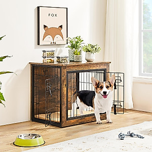 Yaheetech 27.5'' Dog Crate Furniture with Cushion Wooden Dog Crate with Double Doors/Adjustable Feet Side End Table for Small/Medium Dogs, 27.5" L x 20" W x 24" H