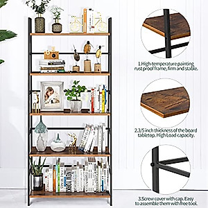 SpringSun 5 Tier Bookshelf Industrial Ladder Shelf Open Display Storage Rack Wood Bookcase with Metal Frame, Freestanding Storage Shelves for Home Office, Living Room, Bedroom, Kitchen