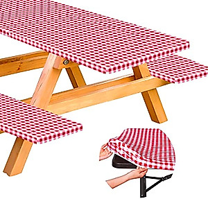 TURSTIN 3 Pieces 72 Inch Vinyl Picnic Table and Bench Fitted Tablecloth Cover Elastic Plastic Tablecloth Waterproof Checkered Table Cover for Picnic Indoor Outdoor Dining, Red and White