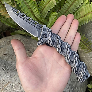 iWrot Chain Pocket Knife for Men, 3.5 inch Flipper Folding Knives with Assisted Opening,Black Cool knives with 3D Pattern Steel Handle,Personalized Pocket Knives for EDC,Knife Gifts For Men