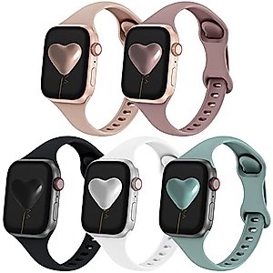 QRose 5 Pack Bands Compatible with Apple Watch 38mm 40mm 41mm 42mm 44mm 45mm 49mm, Slim Thin Narrow Replacement Silicone Sport Strap Wristbands for iWatch Series Ultra 8/7/6/5/4/3/2/1 SE Women Men