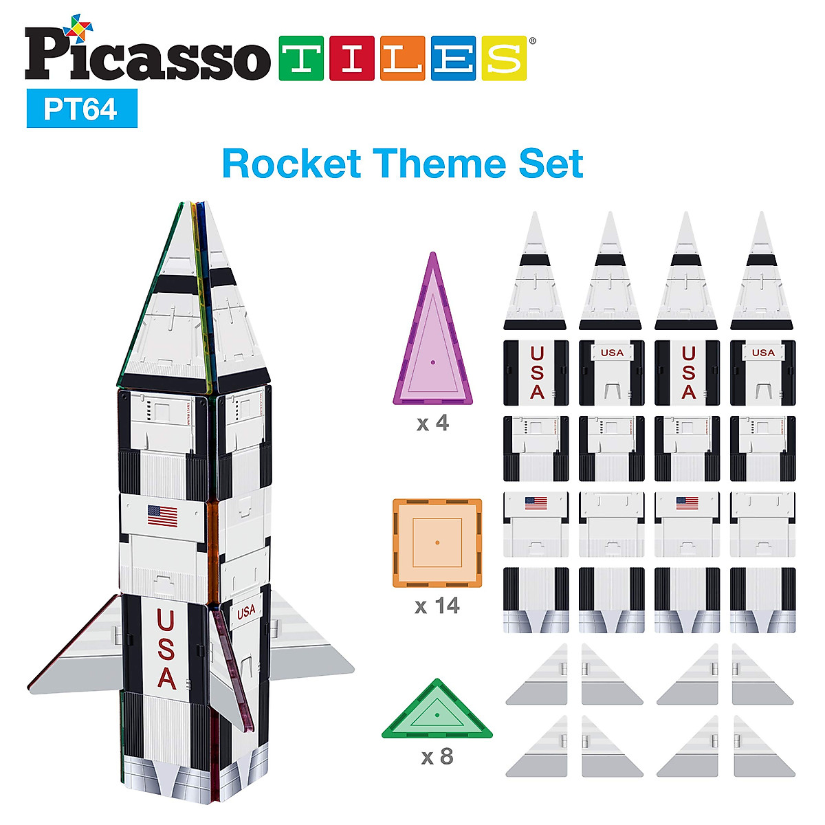 PicassoTiles Magnet Building Blocks STEM Learning Construction Toy Set Early Education Kit 3-in-1 Rocket, School Bus, Train Theme Stick-On Puzzle Pretend Play Magnetic Tiles Kids Building Block Toys