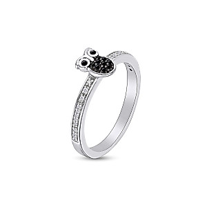 AFFY 1/10 Carat CTTW Round Cut Black And White Natural Diamond Owl Ring In 14K White Gold Over Sterling Silver (0.10 Cttw, I2-I3 Clarity)