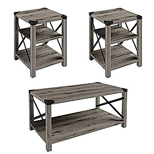 AMERLIFE 3 Pieces Farmhouse Table Set - Includes Coffee Table & Two End Table for Living Room - Grey Wash