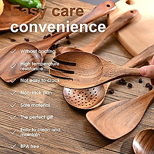 Wooden Spoons for Cooking WOODME 6pcs Wooden Kitchen Utensils Set,Natural Teak Wooden Spoons Cooking Utensil Set For Non Stick Pan With 6 Hooks & 1PCS Kitchen Dish Towels