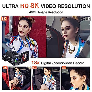 VETEK Video Camera 8k Camcorder 48MP UHD WiFi IR Night Vision Vlogging Camera for YouTube, 18X Digital Zoom 3.0“ LCD Screen Digital Camera with Microphone, 32G SD Card, Remote Control and 2 Batteries
