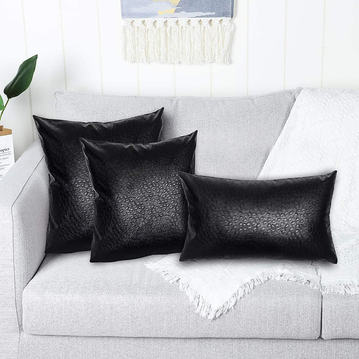 HDDahua Black Ostrich Skin Faux Leather Throw Pillow Covers, Modern Faux Leather Couch Lumbar Cushion Covers for Couch Bed Sofa 20x 20 Inches
