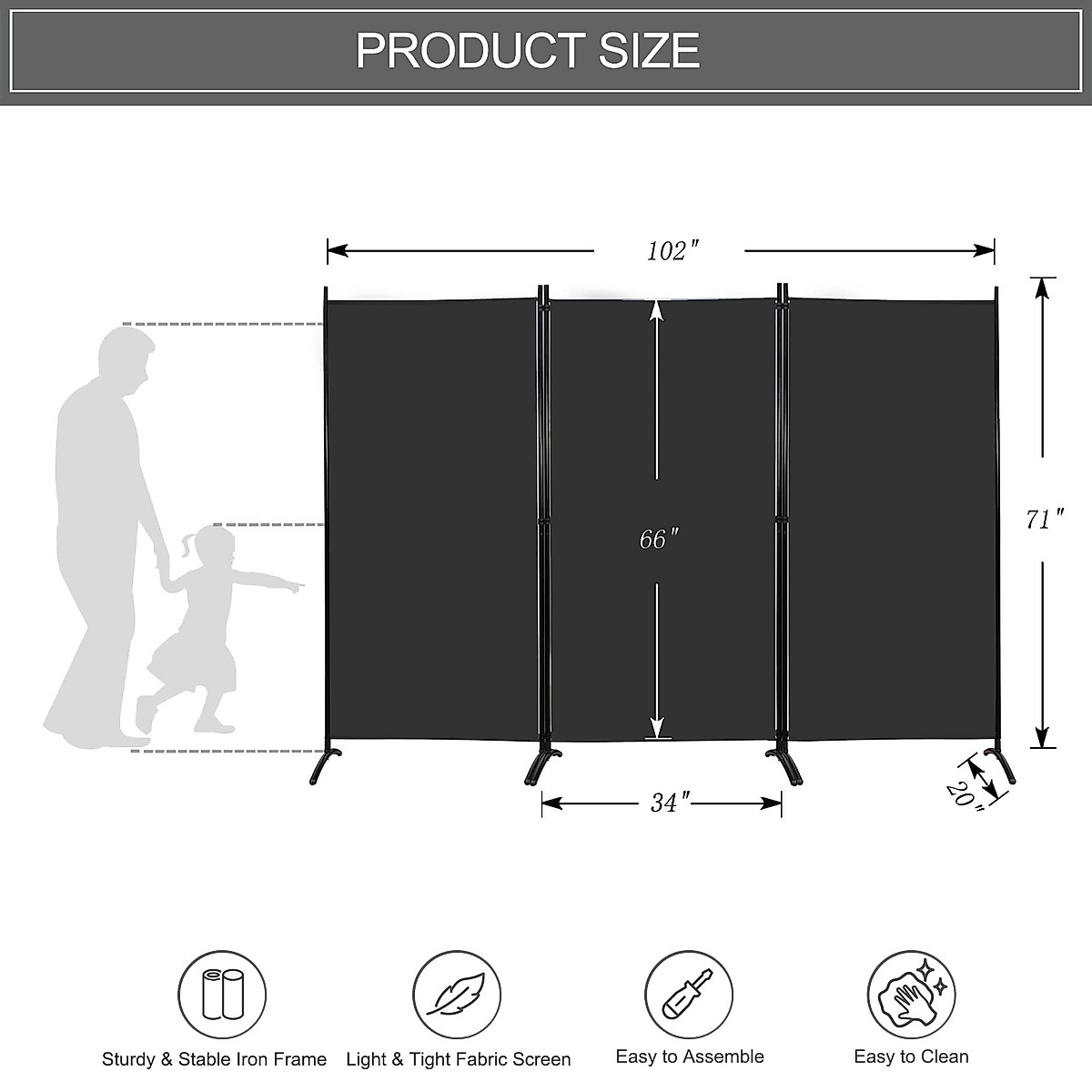 MAYOLIAH Partition Room Dividers 3 Panel Folding Privacy Screens 6 Ft Tall Portable Office Walls Dividers for Room Separator 102"x20"x71", Black