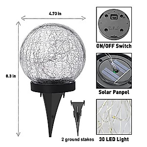 Solar Lights Outdoor Garden Decorative - 2 Pack Solar Globe Lights Upgrade Waterproof with 30 LEDs Cracked Glass Ball Lights for Yard Patio Pathway Lawn Outside Decor (4.73")