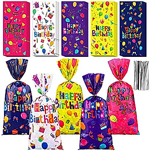Jetec 150 Pcs Party Favor Bags Assorted Colors Cellophane Bags Birthday Party Cellophane Treat Bags Goody Bags with 200 Twist Ties for Kids Birthday Party Decorations Baby Shower Supplies, 5 Styles