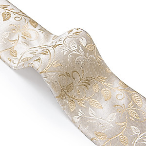 DiBanGu Champagne Gold Necktie and Pocket Square Cufflinks Champagne Floral Tie Set for Men Wedding Party