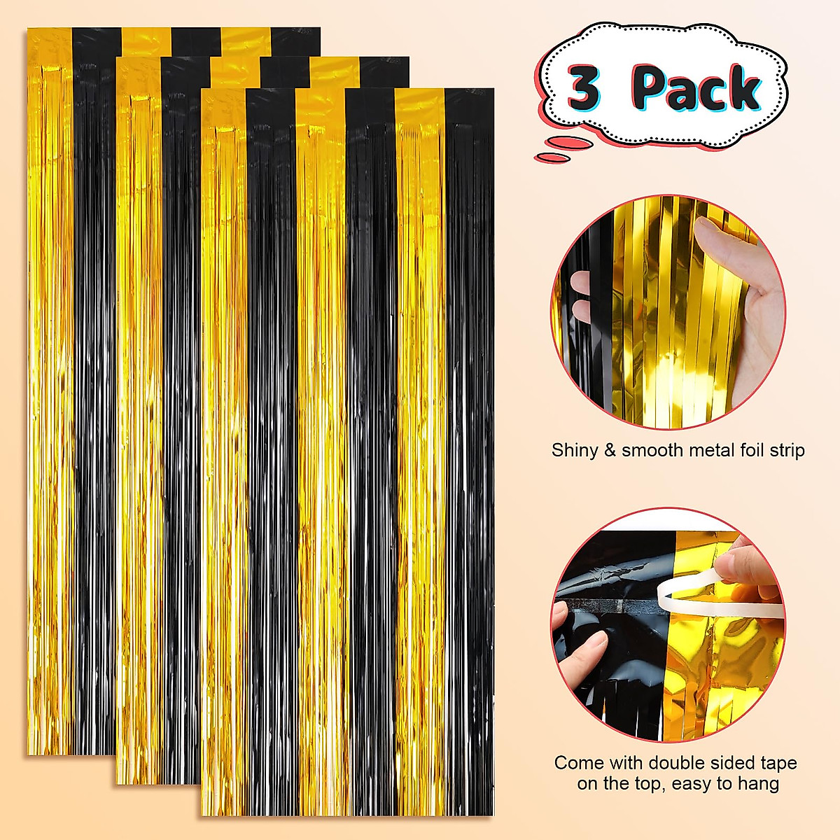 Merear Backdrop for Party Decorations, 3 Pack Black and Gold Foil Fringe Curtains Party Decor 8.2 * 3.3 FT Tinsel Streamers Birthday Party Decorations Photo Fringe Backdrop for Party, Graduation