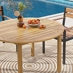 Tangkula Round Outdoor Dining Table, Acacia Wood 4-Person Large Dining Table, Farmhouse Patio Indoor Bistro Table, for Yard Deck Lawn Dining Room