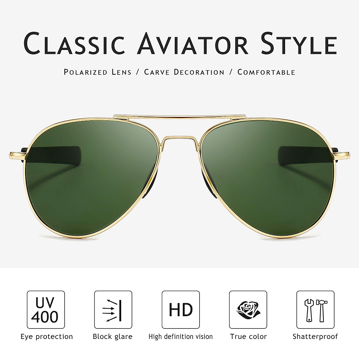 SUNGAIT Aviator Sunglasses for Men Polarized Military Style 100% UV400 Protection Pilot Bayonet Temples (Gold Frame/Green Lens, 58) SGT288JML