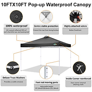 COBIZI 10x10 Ez Pop Up Canopy Tent with 4 Sidewalls Commercial Instant Gazebo Tents for Parties,Waterproof Adjustable Outdoor Patio 10x10 Heavy Duty Canopy Party Tent with 4 Sand Bags,8 Stakes(Black)