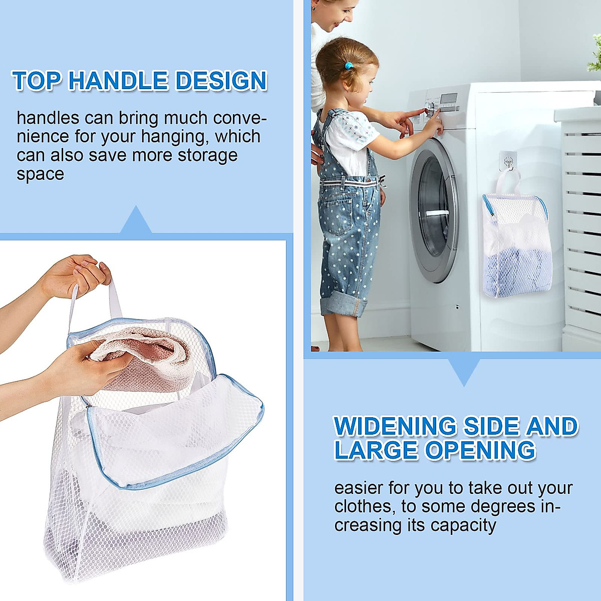 Fabbay 5 Pack Honeycomb Mesh Laundry Bag with Handle Wash Bag for Socks Washing Machine Large Opening Side Widening Zippered Mesh Sock Bag Lingerie Bag for Bra Items Travel Garment, 3 Sizes(Blue)