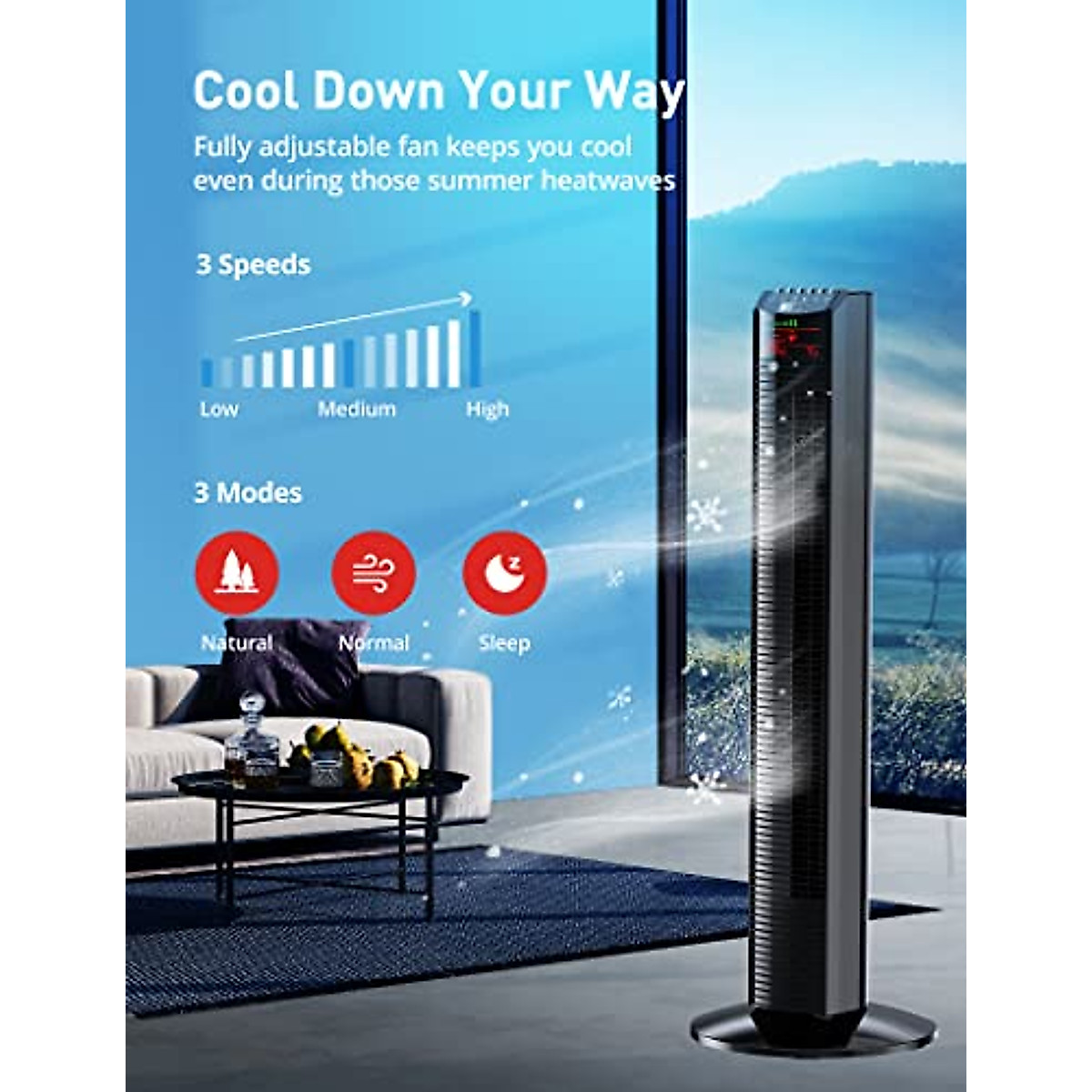 PARIS RHÔNE Tower Fan, 36” Oscillating Fan with Remote, 3 Speed Settings & 3 Modes, Bladeless Fans with Auto-Temp Detection, LED Display, 12H Timer, Low Noise Floor Fan for Bedroom, Office or Study