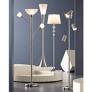 Possini Euro Design Alexei Modern Torchiere Floor Lamp Tree 3-Light Gooseneck Arm 72" Tall Brushed Nickel White Crackle Glass Pole Dimmer Living Room Reading House Bedroom Home Office