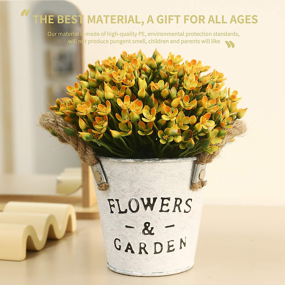 OUIVIAL Artificial Potted Plants - Medium Potted Plants Fake Plastic Flower Eucalyptus Leaves Plants with White Metal Basin for Home, Kitchen, Indoor Outdoor Decor. (Yellow Artificial Potted Plants)