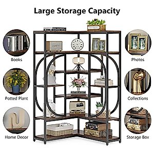 Tribesigns 7-Shelf Corner Bookshelf, Large Modern Corner Bookcase, Tall Corner Shelf Stand with Storage, L-Shaped Display Rack with Metal Frame for Living Room Home Office (Rustic Brown)