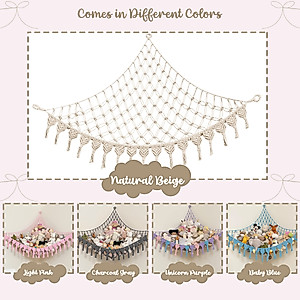 ABBY BABY Extra Large Stuffed Animal Storage Hammock Corner with LED Lights – 25LB Capacity Hanging Toy Net for Small or Large Plushies, Boho Macrame Squishmallow, Plush Net, Gray