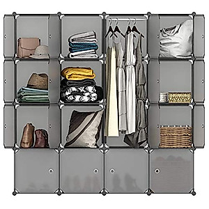 JASOYA modular wardrobe plastic cabinet, 16 cubic wardrobe drawer units, DIY modular wardrobe with doors, can store shoes, books, toys, yarn, gray