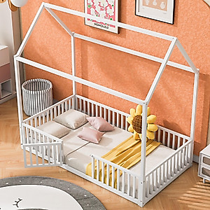 Bellemave Twin Size Montessori House Bed for Kids, Metal Floor Beds with Fence Railings & Door, Twin Playhouse Bed for Boys Girls, Box Spring Needed, White