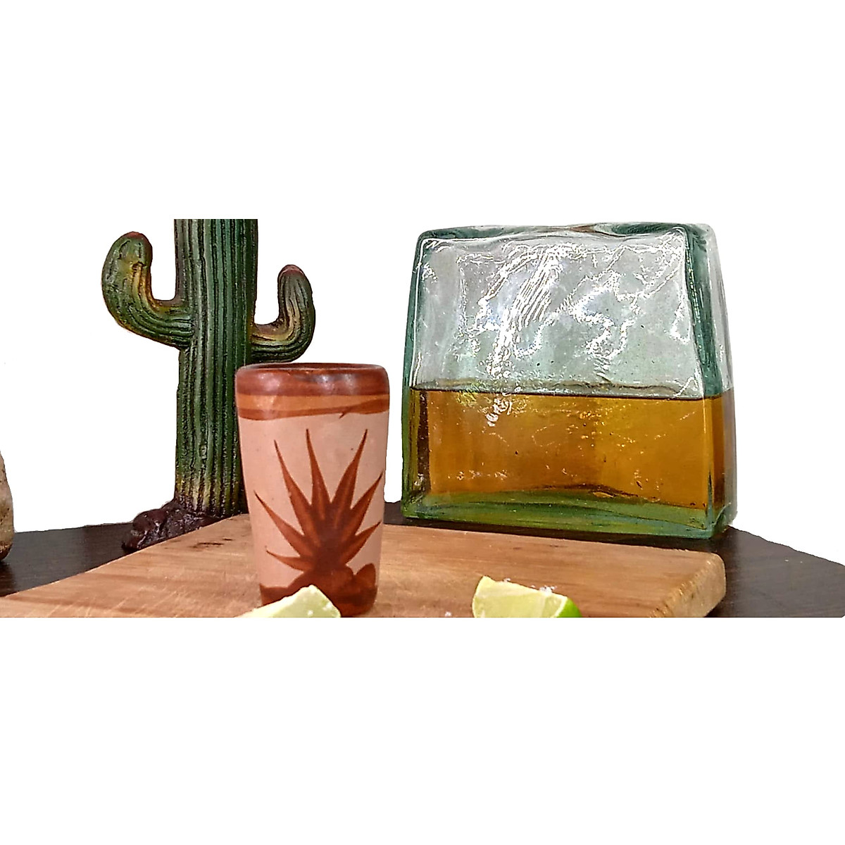MEXTEQUIL - Tequila Shot Glasses - Set of 4 Terracotta Mexican Shot Glasses - 2 Oz - Natural & Colorful Clay - Barro Canelo & Capulineado - Handcrafted Hand-painted (Agave)