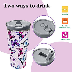Hachishun Butterfly Tumbler with Handle, Stainless Steel Vacuum Insulated Flip Straw 20 oz Pink Butterfly Tumbler Spill Proof Coffee Travel Mug Butterfly Gifts for Women