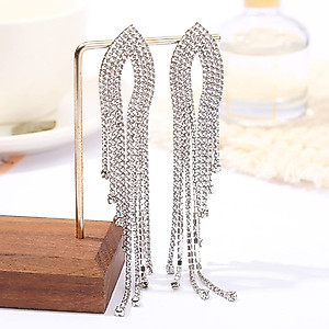 Silver Rhinestone Earrings Dangling for Women Hypoallergenic Long Tassel Drop Dangle Earrings for Wedding