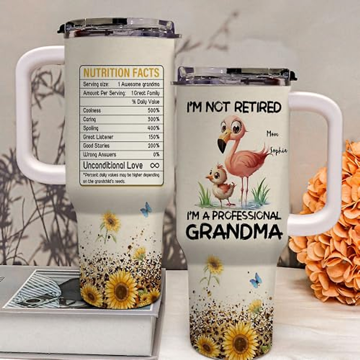 Personalized 40oz Tumbler - Cute A flamingo mother standing in shallow water while her chick Mother and Child Design with Nutrition Facts - Gift for Mom, Grandma, Mother's Day AFxDI0