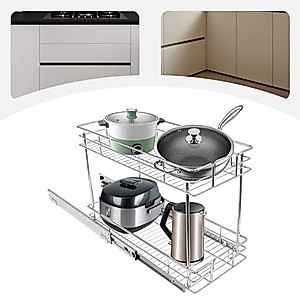 KarweuSu 2-Tier Kitchen Cabinet Pull Out Shelf and Drawer Organizer, Slide Out Pantry Storage Basket in Multiple Sizes, Pull Out Cabinet Organizer for Kitchen (Silver-10.5" W X 21.5" D)
