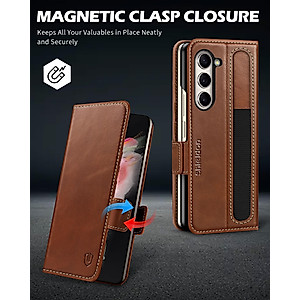 SHIELDON Case for Galaxy Z Fold 5, Genuine Leather Wallet Shockproof Case Flip Magnetic Kickstand RFID Blocking Credit Card Slot with S Pen Holder Compatible with Galaxy Z Fold5 7.6" - Retro Brown
