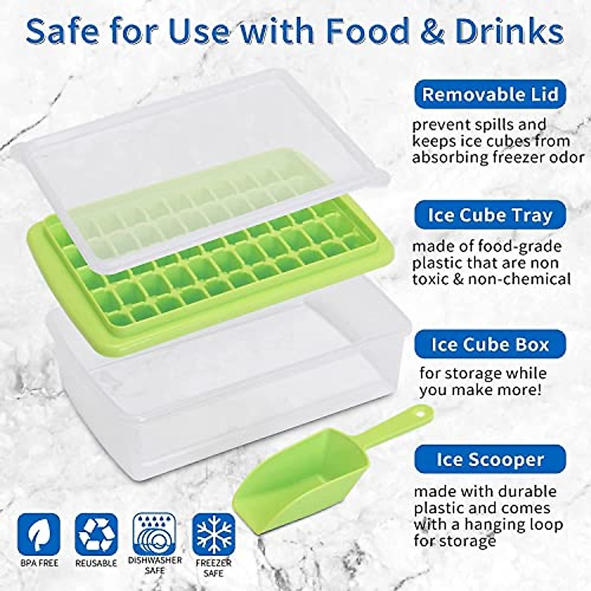Large Ice Cube Mold, Ice Cube Tray for Freezer, Sphere Ice Container for Cocktails, 55 Mini Nugget Tray with Lid and Bin, Pebble Ice Bucket-Comes with Scoop, Cover, Ice Maker and Holder.