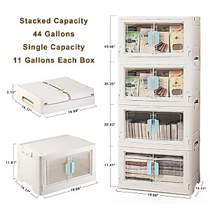 Collapsible Plastic Storage Bins with Lid, 4 Pack Foldable Storage Containers with Clear Double Doors and Wheels, 11 Gal Each Stackable Storage Box for Toys, Clothes, Books, Home, Closet Cabinet