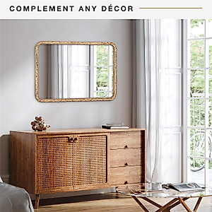 MCS 24x36 Large Wall Mirror, Natural Woodgrain Solid Wood Frame with Braided Seagrass Detail, Vertical & Horizontal Coastal Mirror for Bathroom, Bedroom & Livingroom