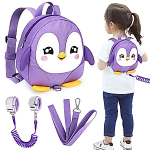 Accmor Toddler Harness Backpack Leash, Cute Penguin Kid Backpacks with Anti Lost Wrist Link, Mini Child Backpack Harness Leashes Walking Wristband Rope Travel Bag Harness Rein for Baby Girls (Purple)