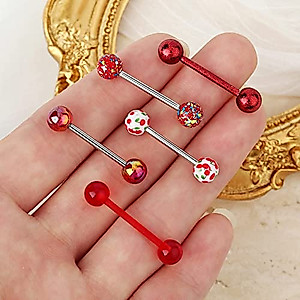 Jewseen Tongue Barbell 5PCS 14G 316L Stainless Steel Tongue Rings Cherry Painting Pattern Red Splatter Acrylic Balls Tongue Bars Piercing for Women