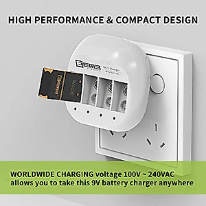 EEMB LP 9V Rechargeable Lithium ion Battery Charger for 6F22 650mAh 9Volt Li-ion Batteries for Smoke Alarm Digital Cameras Toys Clocks (4 Bay Charger)
