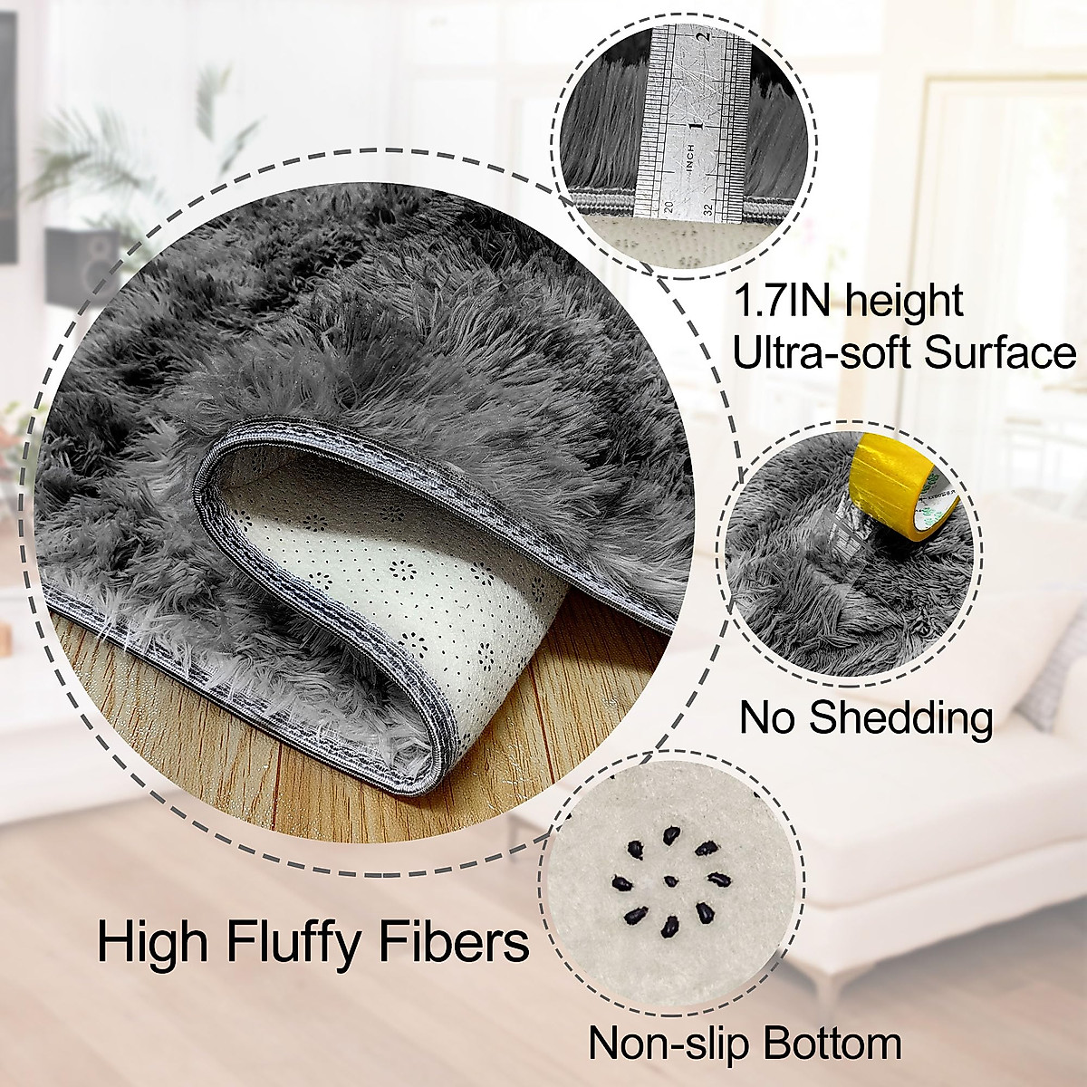 TENNOLA 2x6 Feet Black Rugs for Bedroom Fluffy Runner Area Rug for Living Room Gray Bedroom Rug Soft Fuzzy Shaggy Carpet for Kids Room Dorm Nursery with Non-Slip Bottom