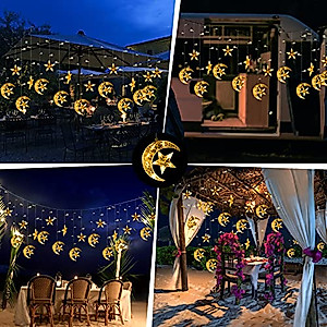 Solar Curtain Lights Outdoor Star and Moon Light 138 LED Waterproof Fairy String Lights Solar Powered 8 Modes Hanging String Lights for Window Fence Tent Garden Patio Home Outdoor Decor (Warm)