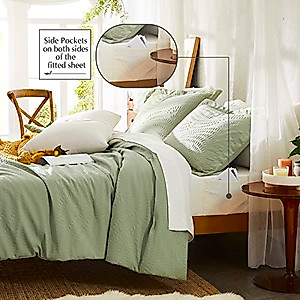 Geniospin Queen Comforter Set, Bed in a Bag Sage Green 7-Pieces, Botanical Pattern, All Season Comfortable Seersucker Bedding with Comforter, Sheets, Pillowcase & Shams (Queen, 90"x90")