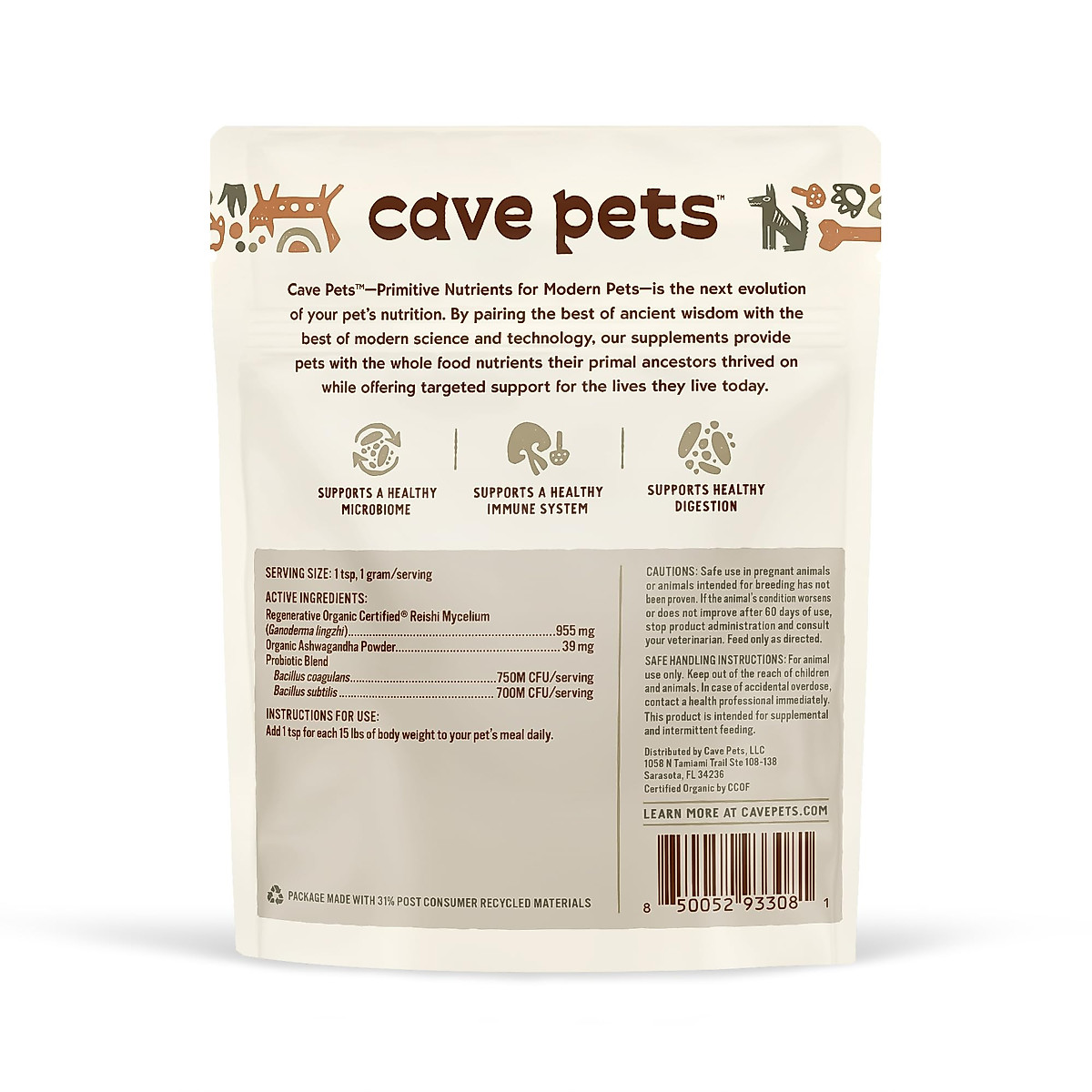 Cave Pets, Super Blend Powder, Mushroom Mycelium and Dog Probiotic Supplement for Immunity and Digestive Health Support, Reishi & Probiotics, 90 Servings