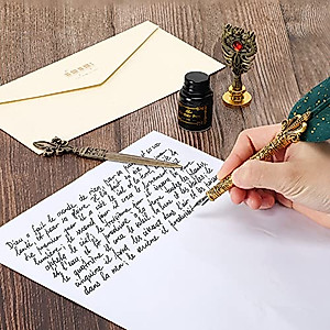 Karhood Quill Pen and Ink Set - Feather Calligraphy Dip Pen with Wax Seal Stamp Kit and 5 Nibs (Dark Green)