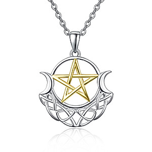 KINGWHYTE Triple Moon Goddess Necklace S925 Sterling Silver Pentagram Pentacle Pendant Celtic Necklace Magic Amulet Jewelry Gifts for Women