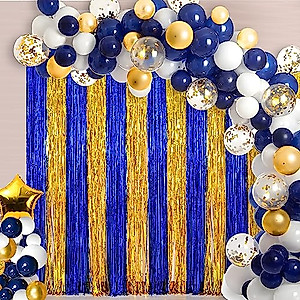 LOLStar 2 Pack Navy Blue and Gold Party Decorations, 3.3x6.6 ft Foil Fringe Curtains, Tinsel Backdrop, Graduation Photo Booth Prop Streamer Backdrop for Birthdays, Showers, Retirement, Graduations