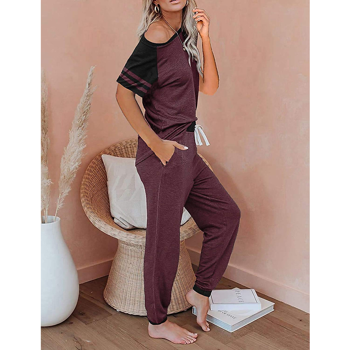 PRETTYGARDEN Women's Two Piece Outfits Jogger Sets Striped Short Sleeve Pullover and Long Pants Tracksuit Pajama Lounge Set(Wine Red,X-Large)