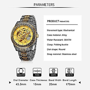 Luxury Men Automatic Mechanical Wristwatch Waterproof Stainless Steel Diamond Watch Golden Skeleton Men's Clock
