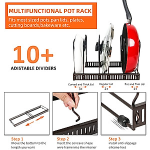 ROOHUA Pot Rack Organizer -Expandable Pot and Pan Organizer for Cabinet,Pot Lid Organizer Holder with 10 Adjustable Compartment for Kitchen Cabinet Cookware Baking Frying Rack,Bronze